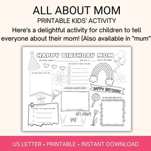 Mom Birthday Card, Kids Activities Sheet, Coloring Page, Party Favor ...