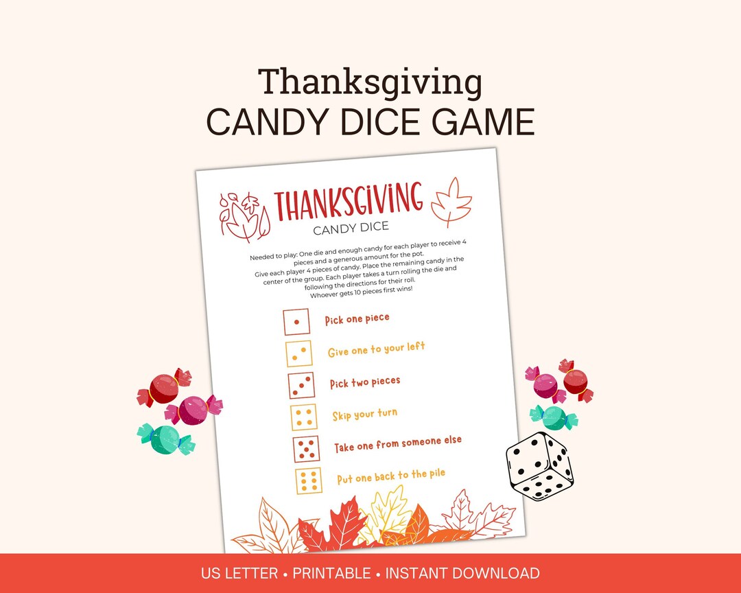Thanksgiving Candy Dice Printable Game, Friendsgiving Printable Game ...