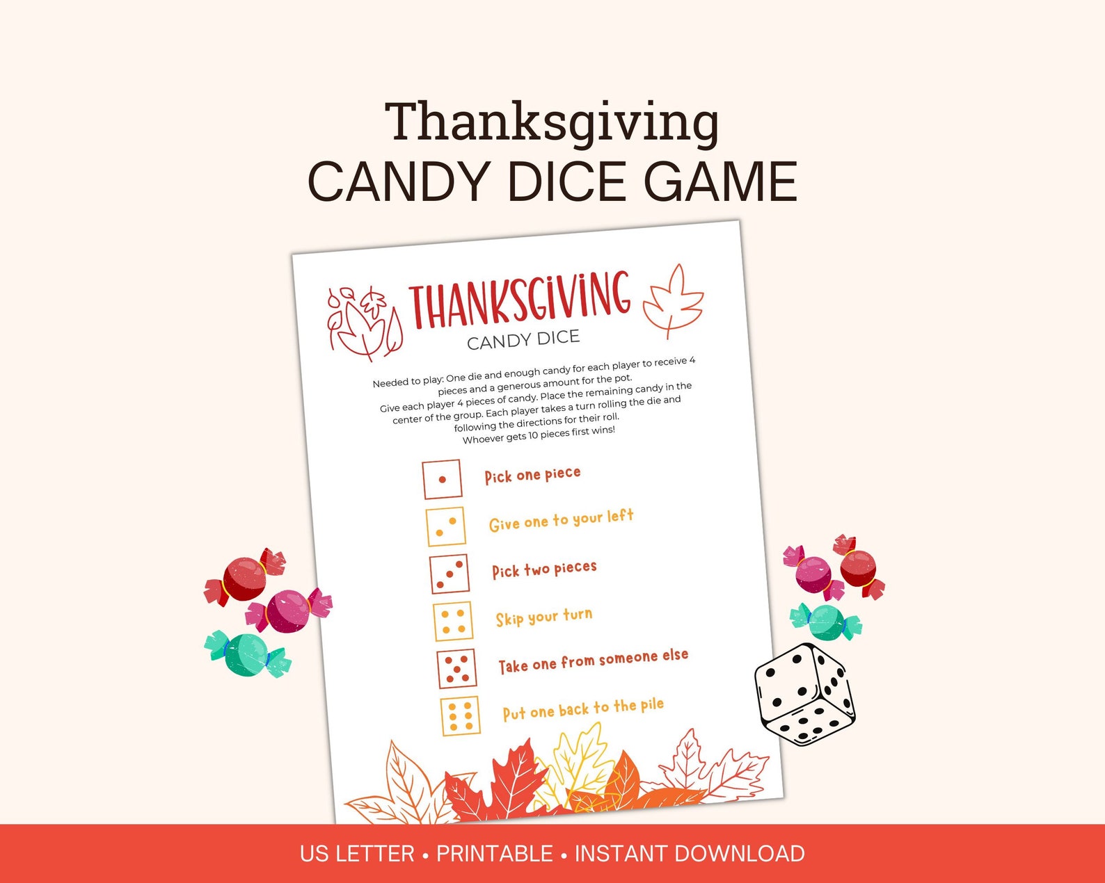 Thanksgiving Candy Dice Printable Game, Friendsgiving Printable Game ...