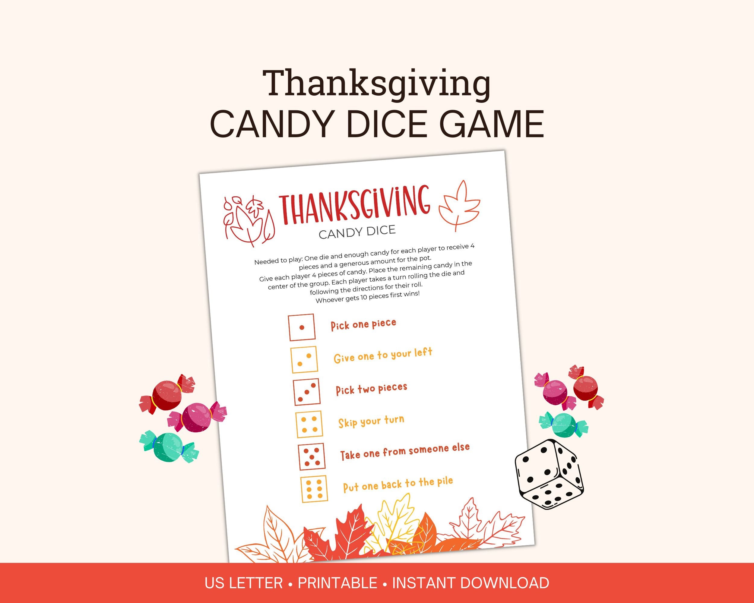 Thanksgiving Candy Dice Printable Game, Friendsgiving Printable Game ...