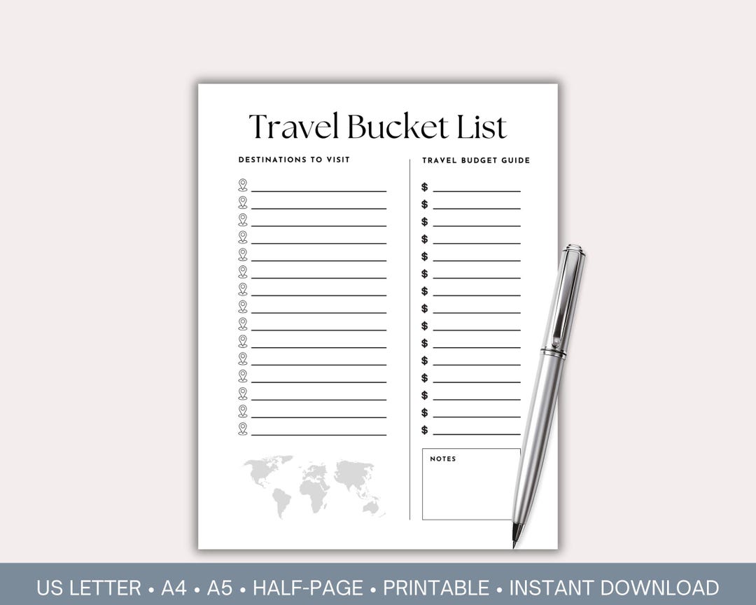 Travel Bucket List Printable, Journal Page, Travel Checklist, Travel ...