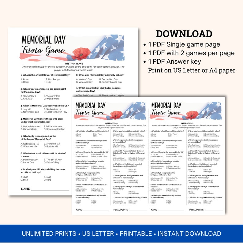 Memorial Day Printable Trivia Game, Patriotic Game for Kids and Adults ...