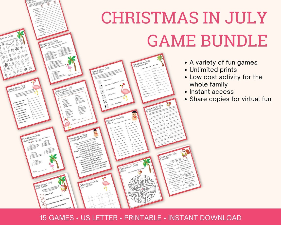 Christmas in July Printable Games, Summer Party Bundle (digital ...