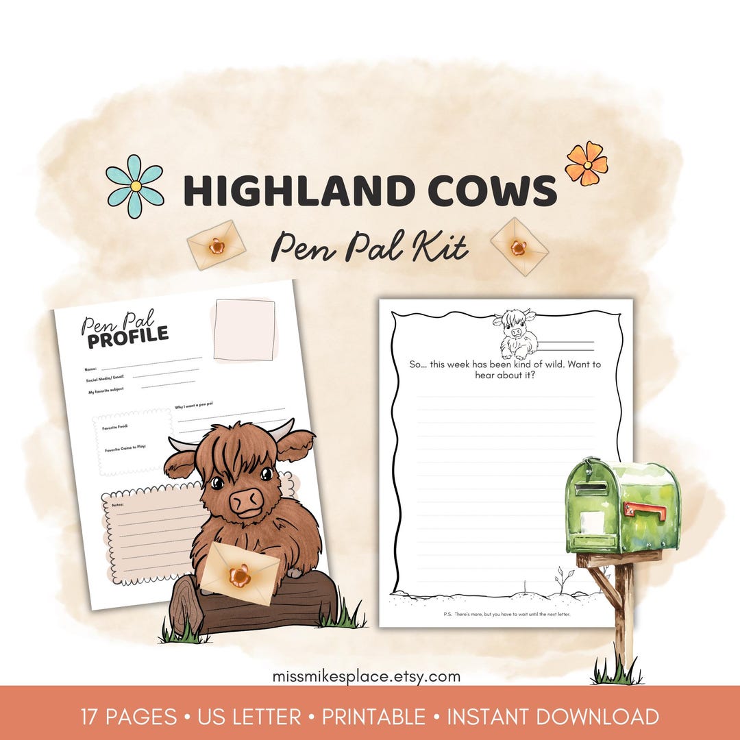 Highland Cows Printable Pen Pal Kit for Kids 3rd-5th Grade, Stationery ...