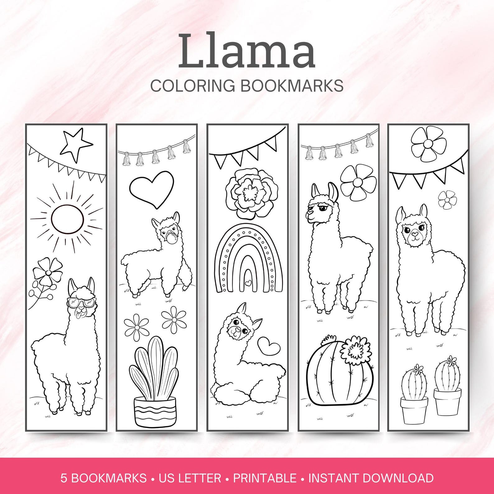 Llama Coloring Bookmarks, Set of 5, Kids Craft Activity (PDF Pattern ...