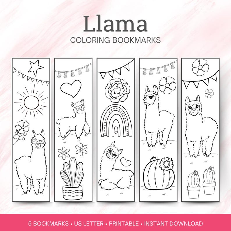 Llama Printable Coloring Bookmarks, Set of 5, Activity for School ...