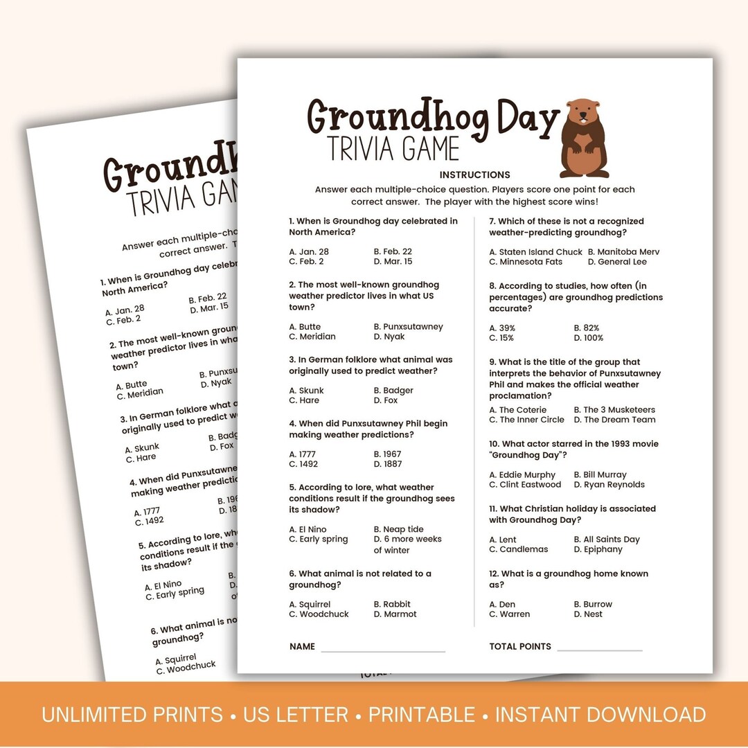 Groundhog Day Trivia, Printable Games for Adults & Kids, Classroom ...