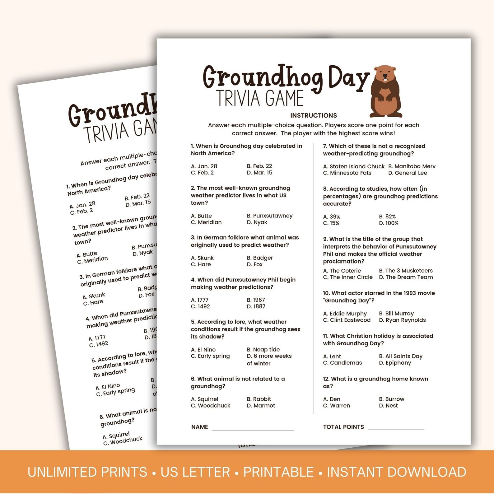 Groundhog Day Trivia, Printable Games for Adults & Kids, Classroom ...