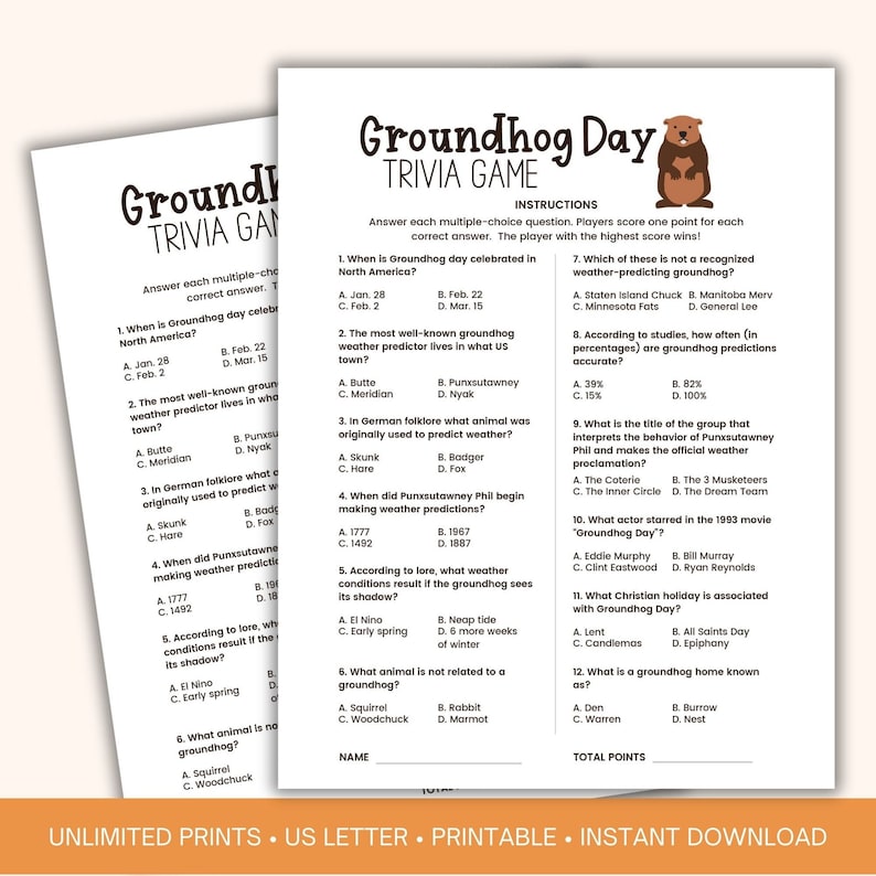 Groundhog Day Trivia, Printable Games for Adults & Kids, Classroom ...