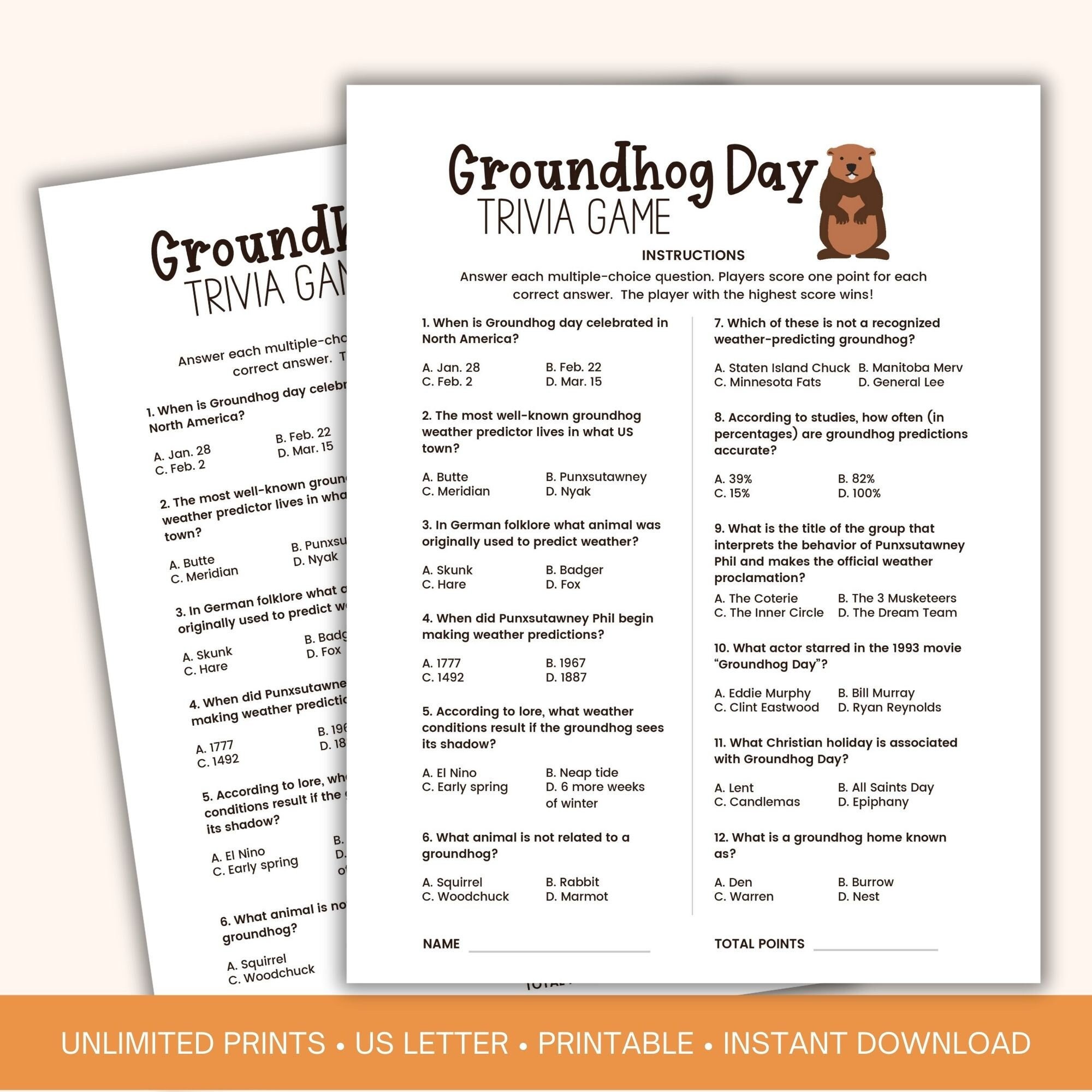 Groundhog Day Trivia, Printable Games for Adults & Kids, Classroom ...