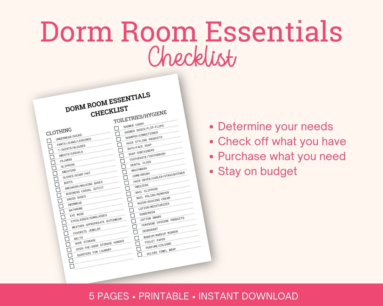 Dorm Room Essentials Checklist Printable, College Packing List, Back to ...