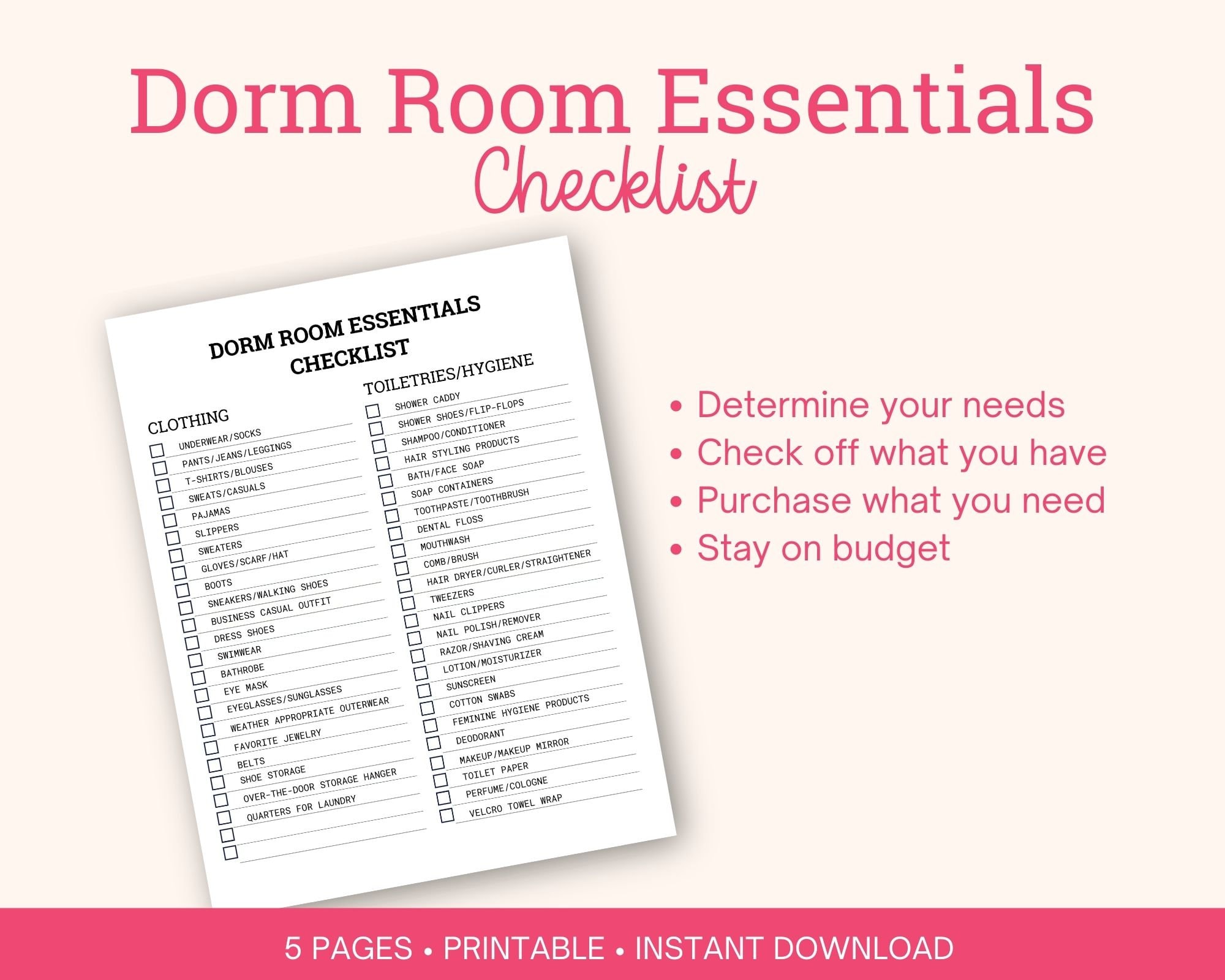 Dorm Room Essentials Checklist Printable, College Packing List, Back to ...