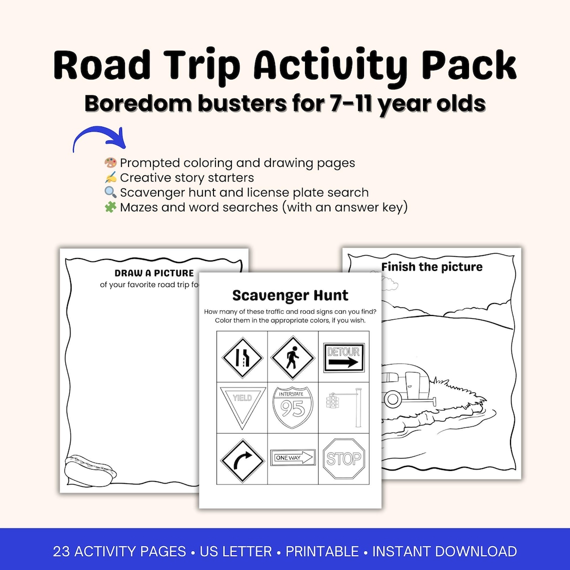 Printable Road Trip Activity Pack for Kids Ages 7-11, Car Trip ...