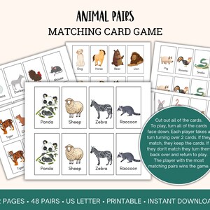 Animal Pairs Printable Matching Game, Preschool Activity, Toddler Games ...