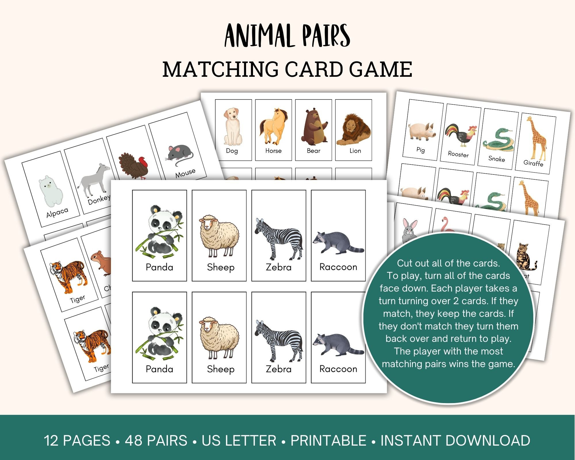 Animal Pairs Printable Matching Game, Preschool Activity, Toddler Games ...