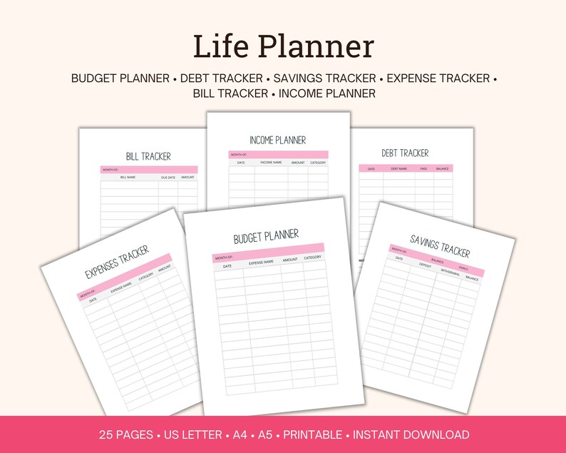 Pink Minimalist Life Planner Printable, All-in-one Planner (digital ...