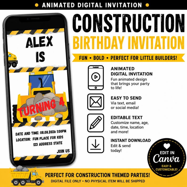 Animated Construction Birthday Invitation | Dump Truck Party Invite ...