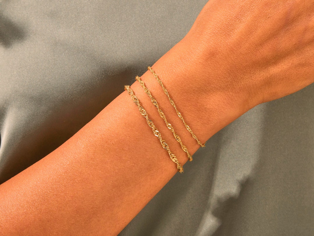 14k Solid Gold Diamond Cut Singapore Chain Bracelet / Dainty Sparkly ...