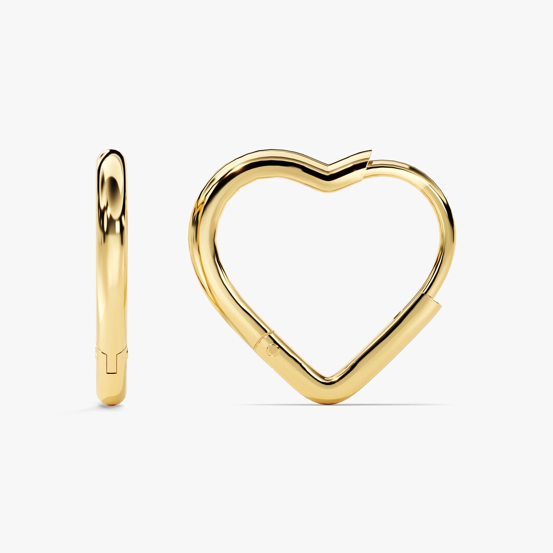 14k Gold Open Heart Hoop Earrings / Yellow Gold Tiny Hoop Earrings / 18k Solid Gold Mini Love ...