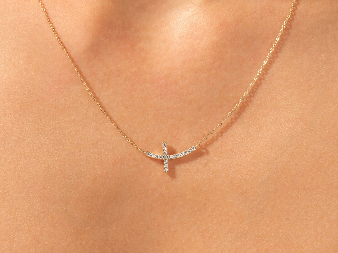 14k Solid Gold Large Sideways Cross Necklace / Curved Diamond Cross ...