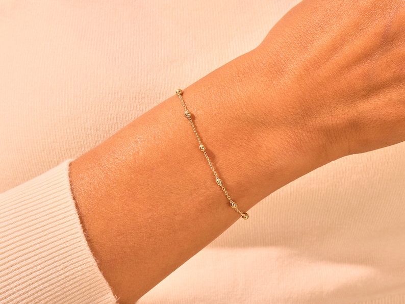 14k Solid Gold Ball & Chain Bracelet / Delicate Women's Bracelet With ...
