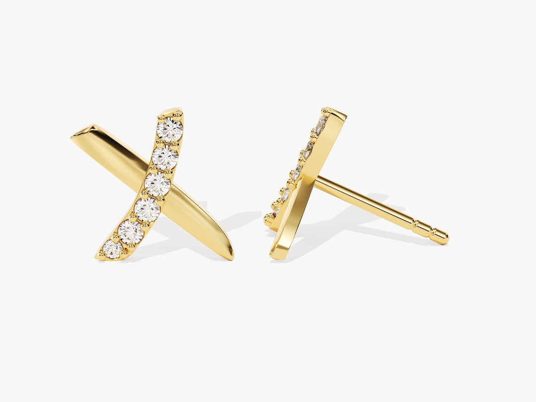 14k Gold Kiss Stud Earrings / X Shaped Gold Earrings With Diamonds ...