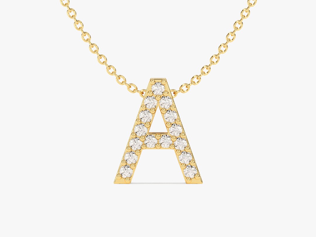 14k Solid Gold Diamond Initial Letter Necklace / Personalized Diamond ...