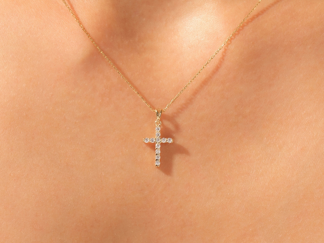 14k Solid Gold Diamond Cross Pendant, Religious Gift - Etsy