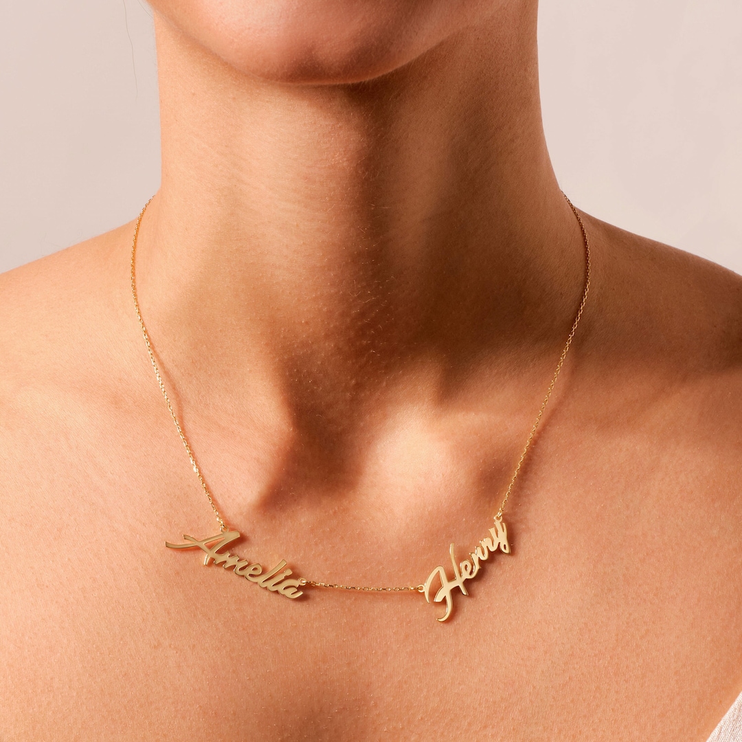Double Name Necklace in 14k Solid Gold / Personalized Name Necklace ...
