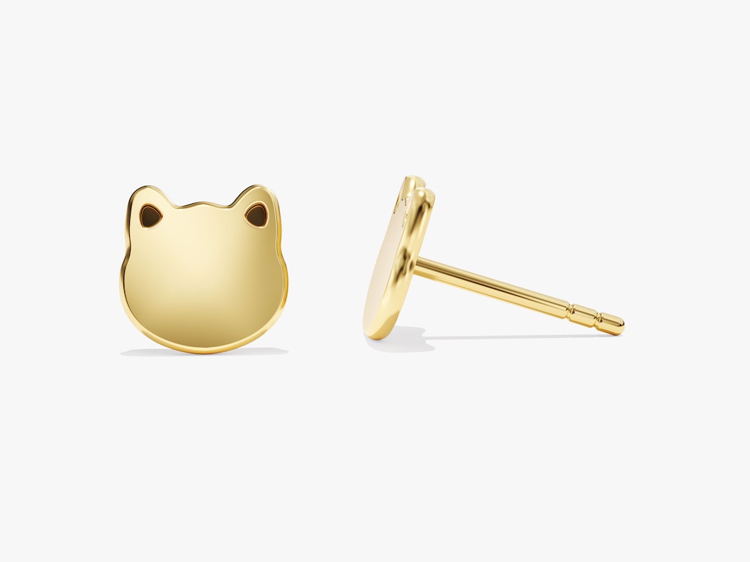 14k Solid Gold Kitten Earring / Dainty Cat Earrings / Solid Gold ...