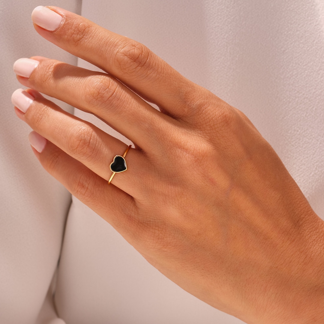 Solid Gold Black Heart Ring / Delicate Stacking Ring for Women / 14K ...