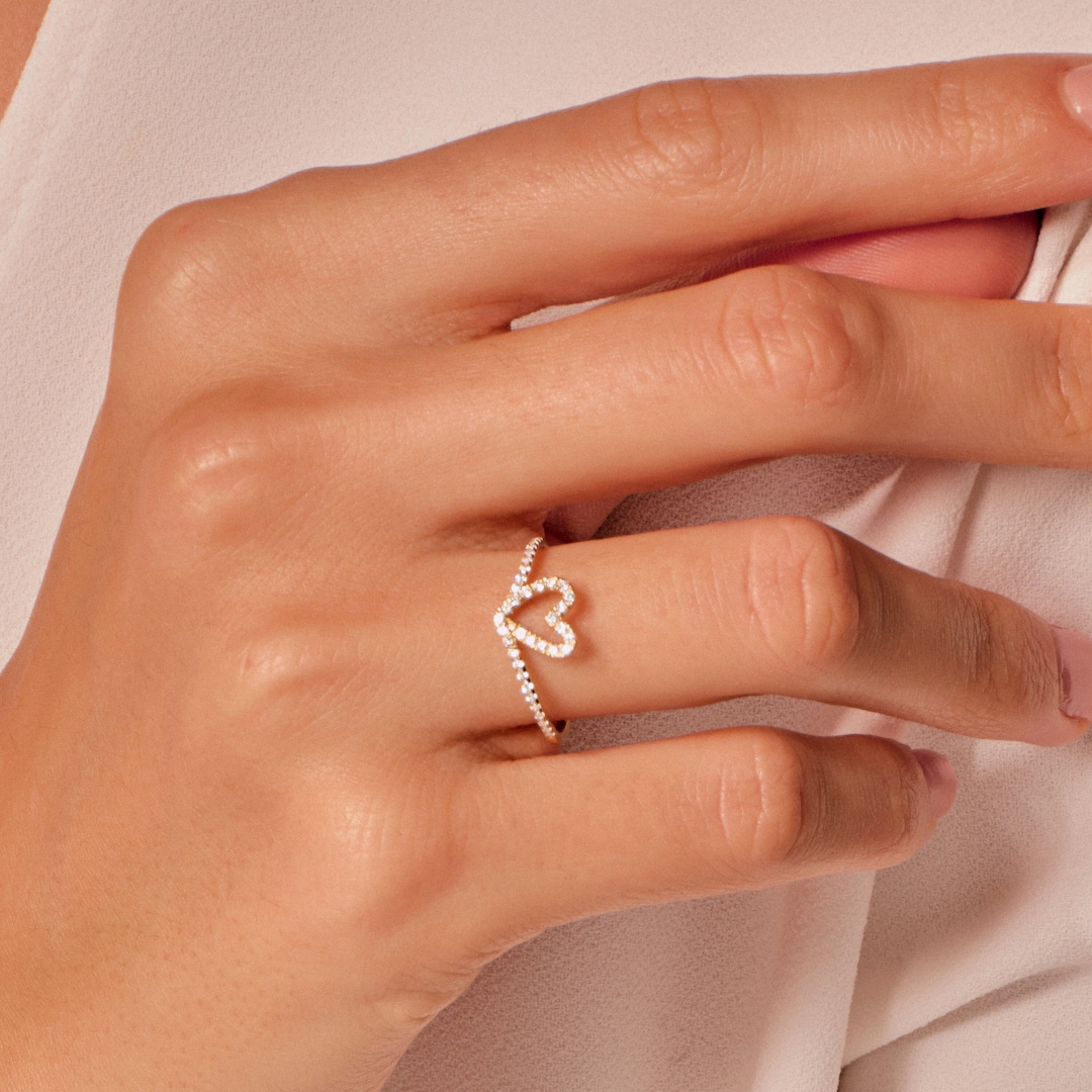 14K Gold Curved Heart Diamond Ring / Heart Shape Ring / 18K Gold Curved Promise Ring / Open ...