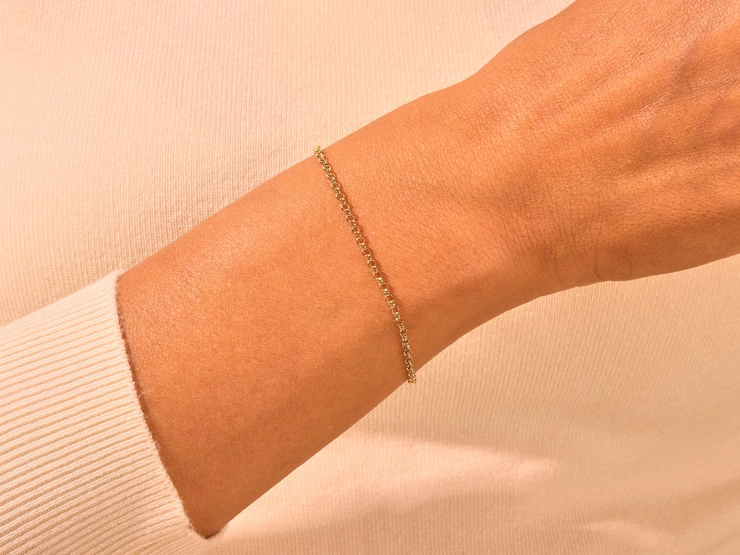 14k Solid Gold Rolo Chain Bracelet / Interlinked Bracelet for Women / Minimalist Gold Chain ...