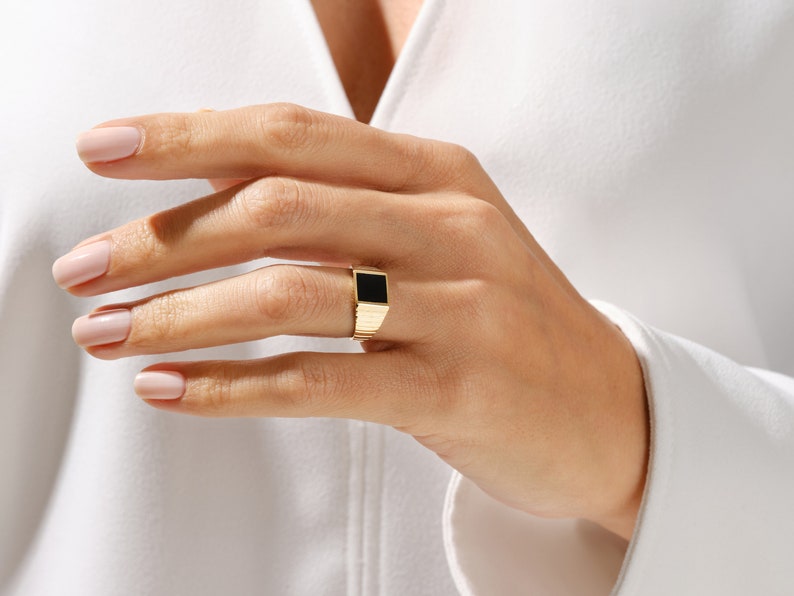 14k Solid Gold Black Signet Ring / Black Square Pinky Ring / - Etsy