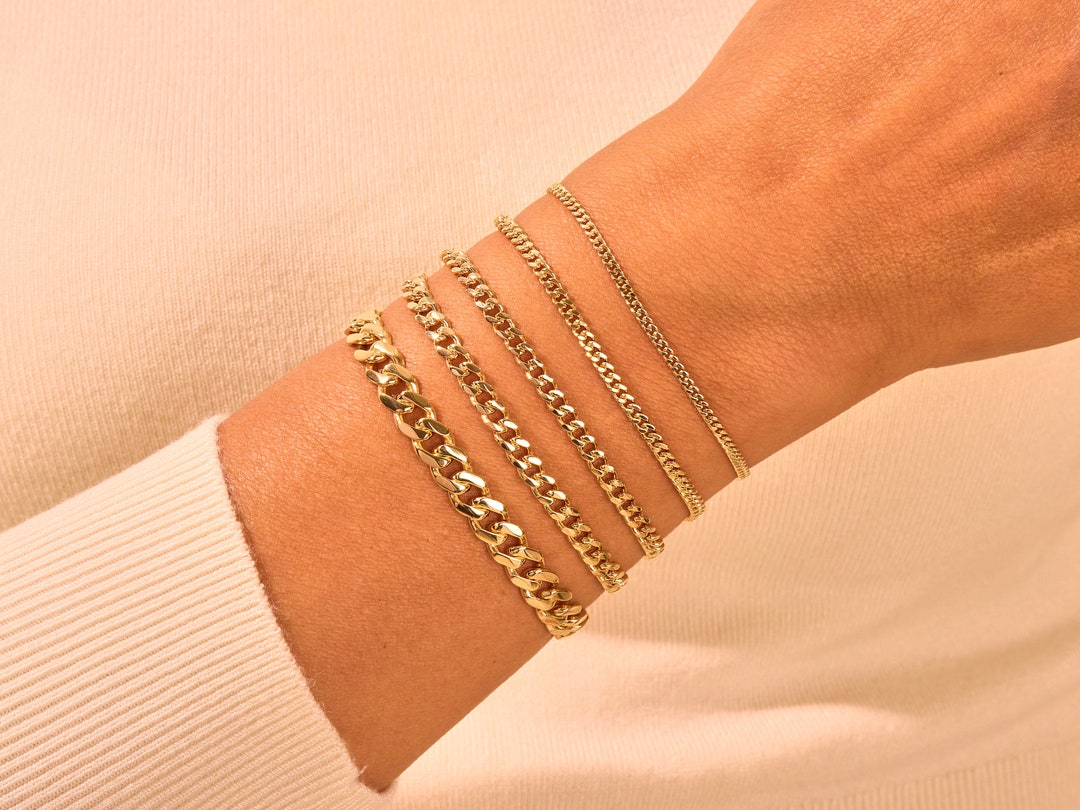 14k Gold 2mm Cuban Curb Chain Bracelet / Gold Miami Cuban Chain Bracelet Womens / Gold Link ...