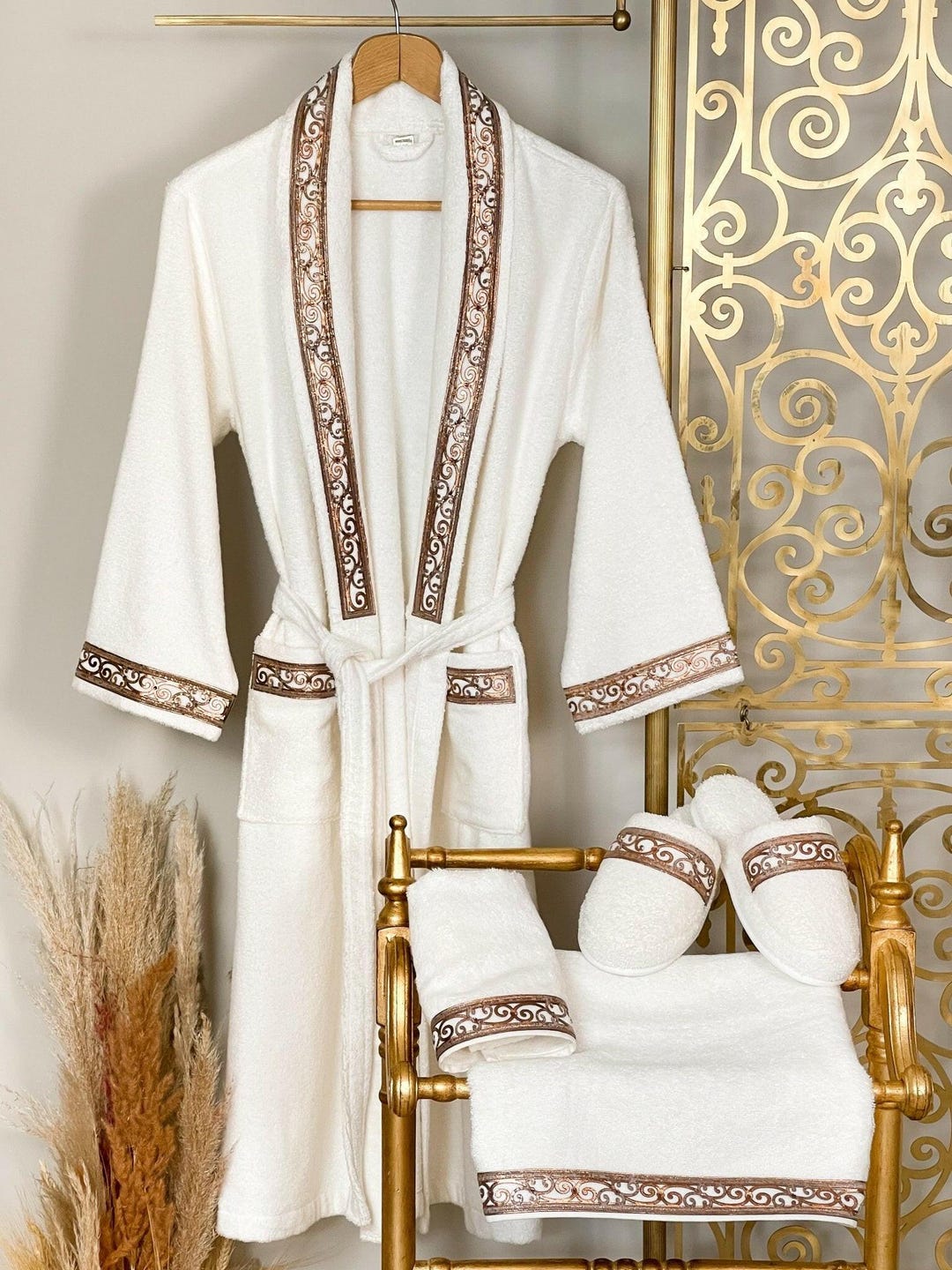 Turkish Cotton Bathrobe Set for Women, White Luxury Spa Robe + Slippers ...