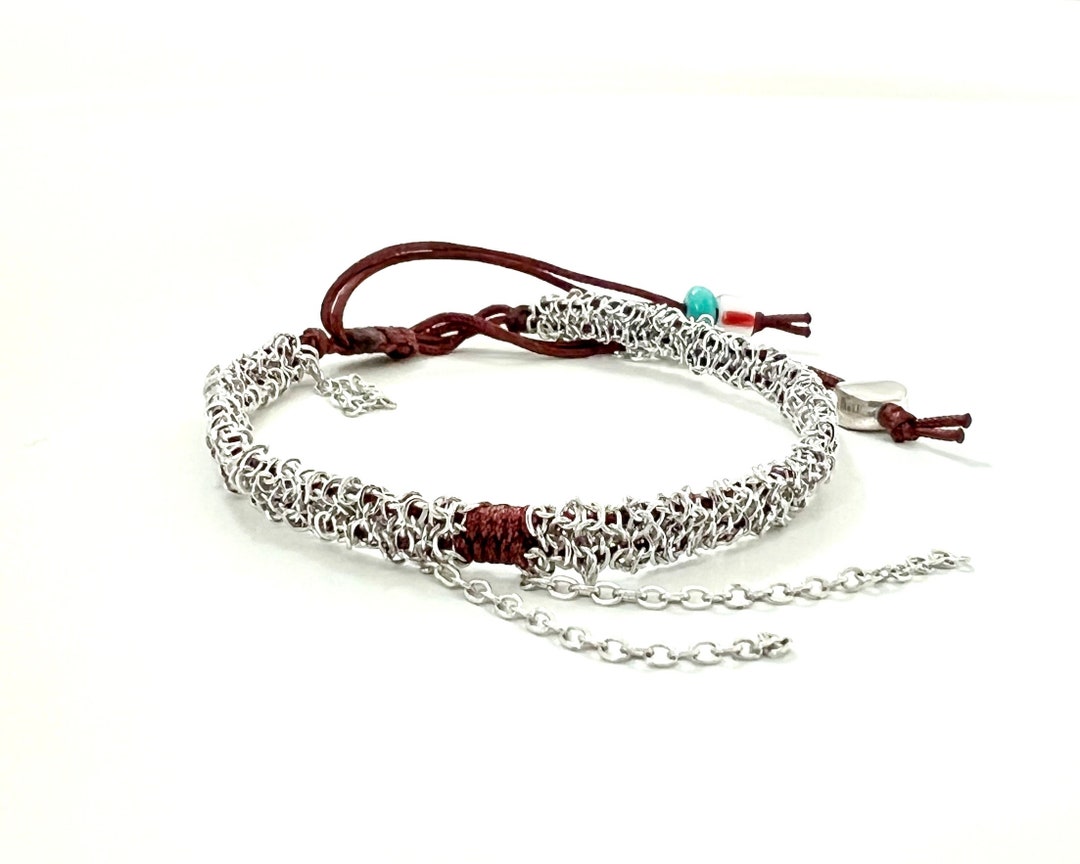 Minimalist Design Chain Bracelet With Brown Cord, Adjustable Stainless ...