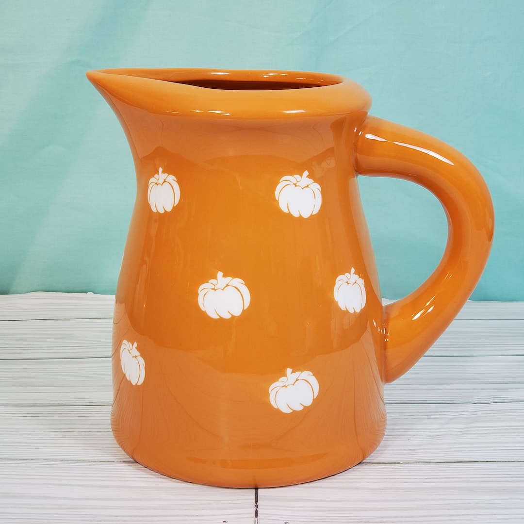 Terramotto Ceramic 40 Oz Dark Orange Fall Pitcher With White Pumpkin ...