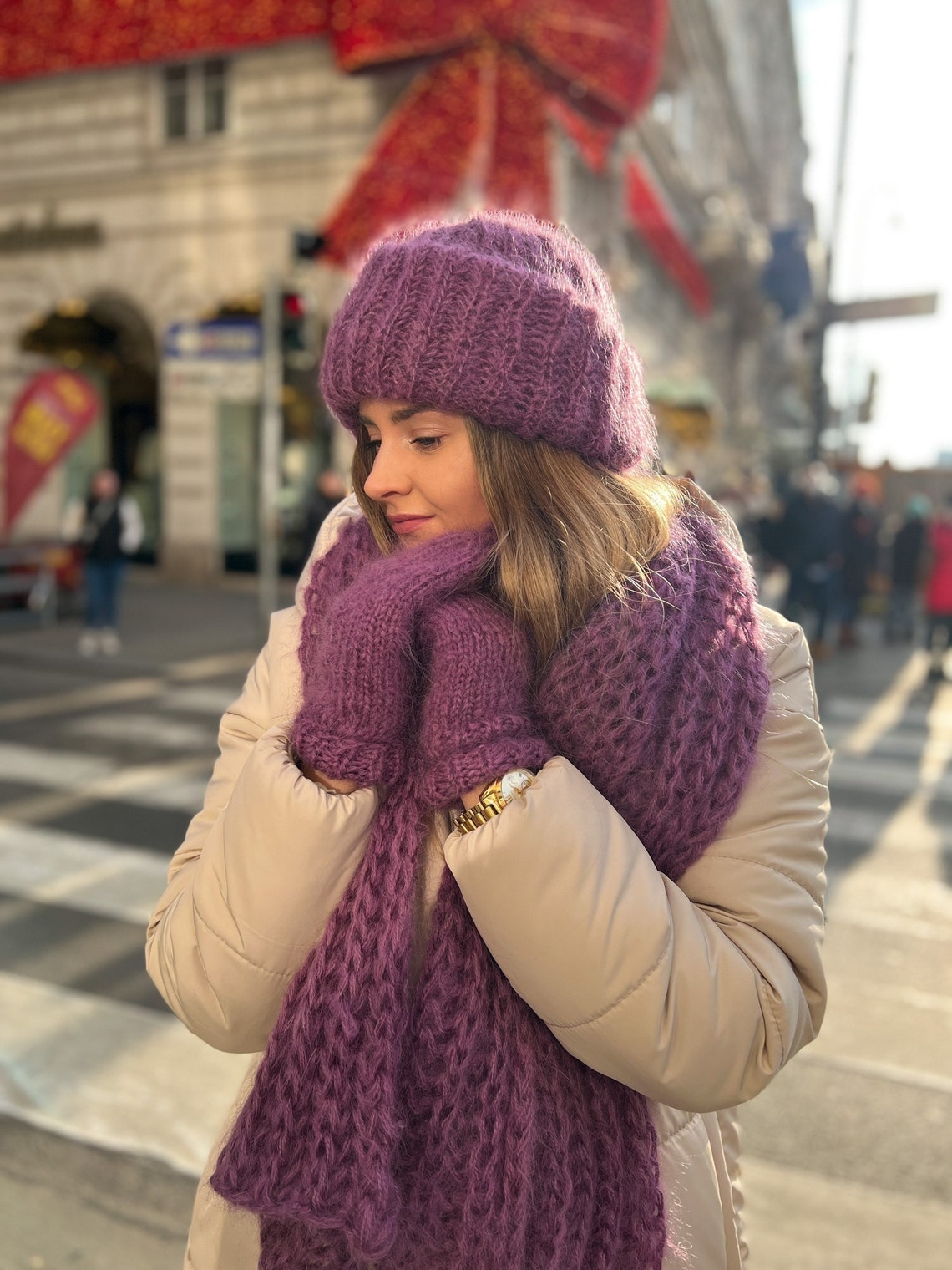 Purple Hat Scarf Set Mohair Hat Fluffy Hat Luxury Hat - Etsy