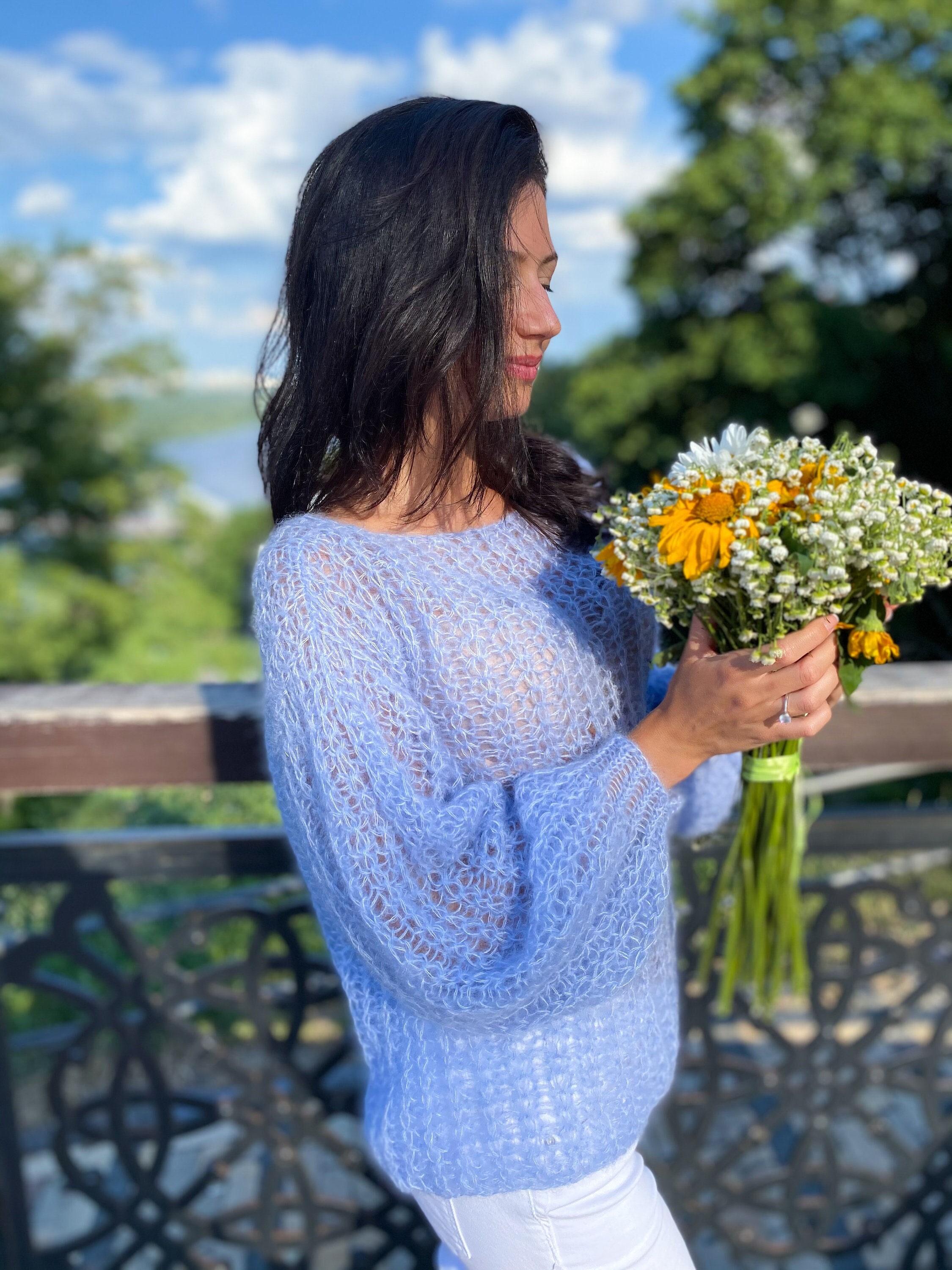 Sky Blue Mohair Sweater Deep V Neck Sweater Fluffy Sweater - Etsy