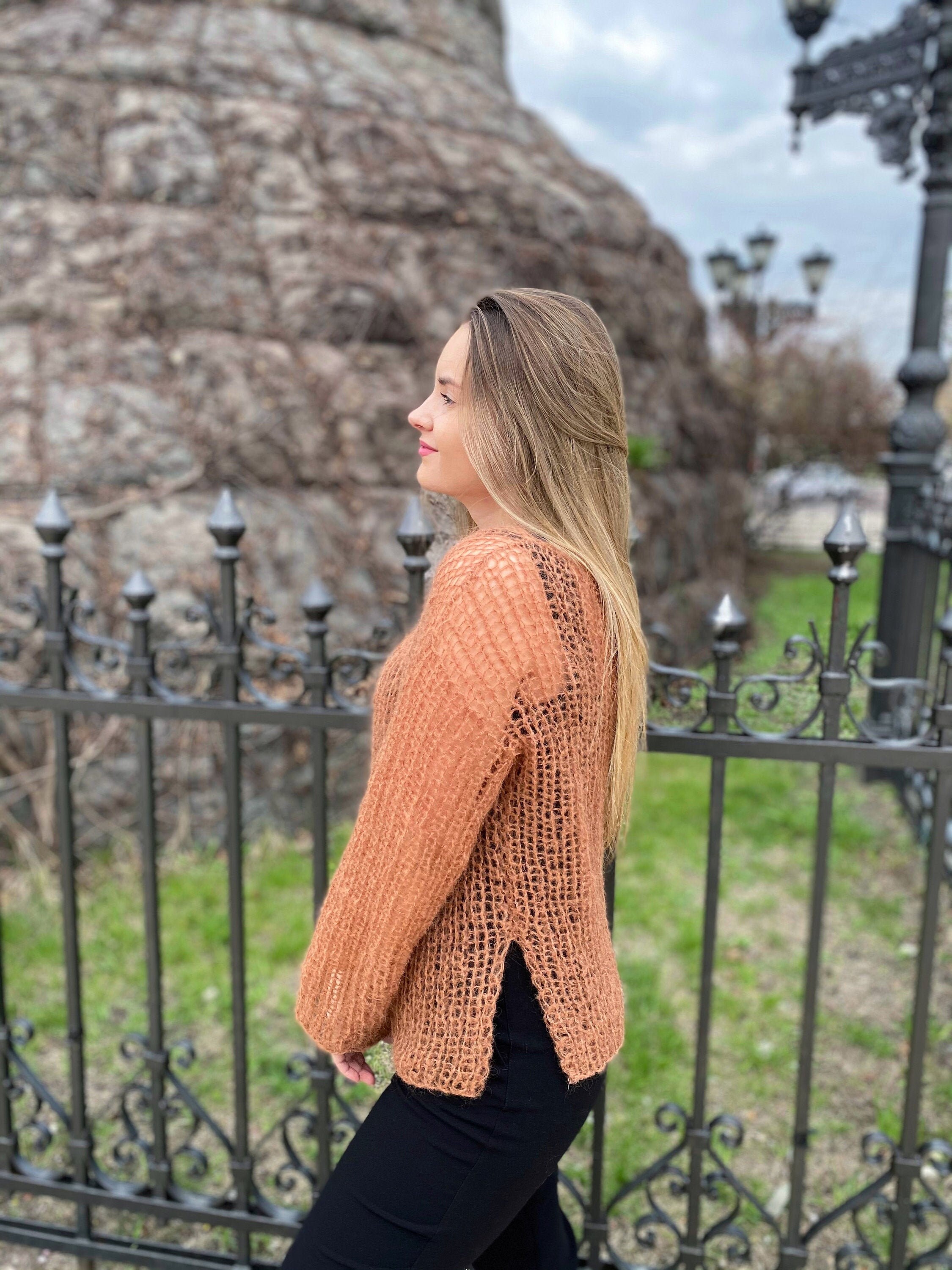 Beige wool side slits sweater Spring sweater Boho brown | Etsy