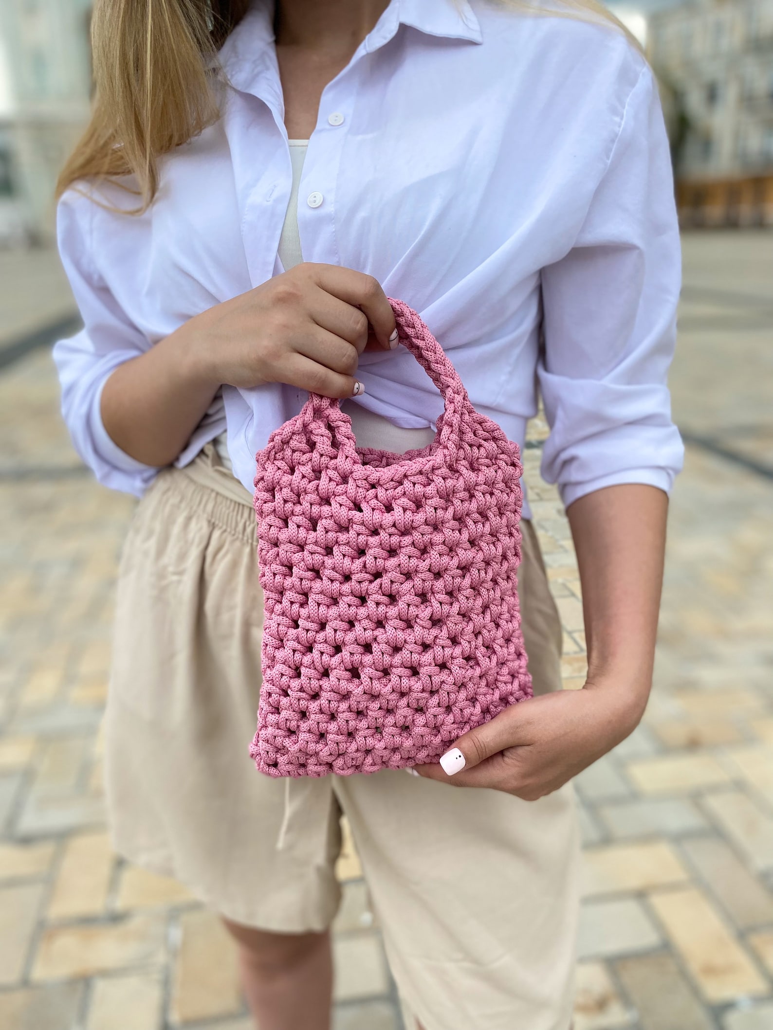 Pink Crochet Tote Bag Lavender Trendy Handbag Mini Handmade - Etsy