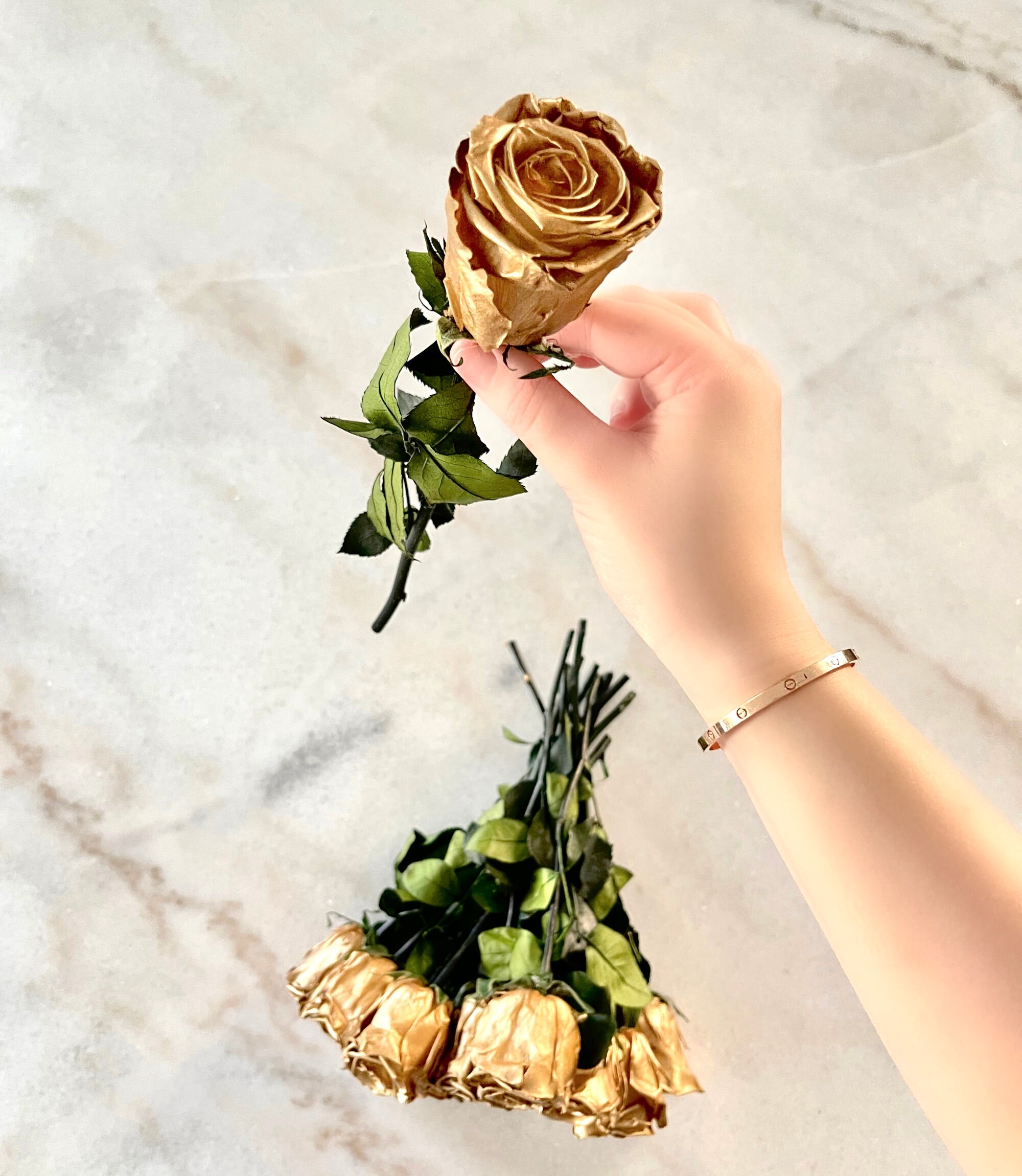 Gold Rose and Stem Real Preserved Single Roses & Bouquet One Year ...
