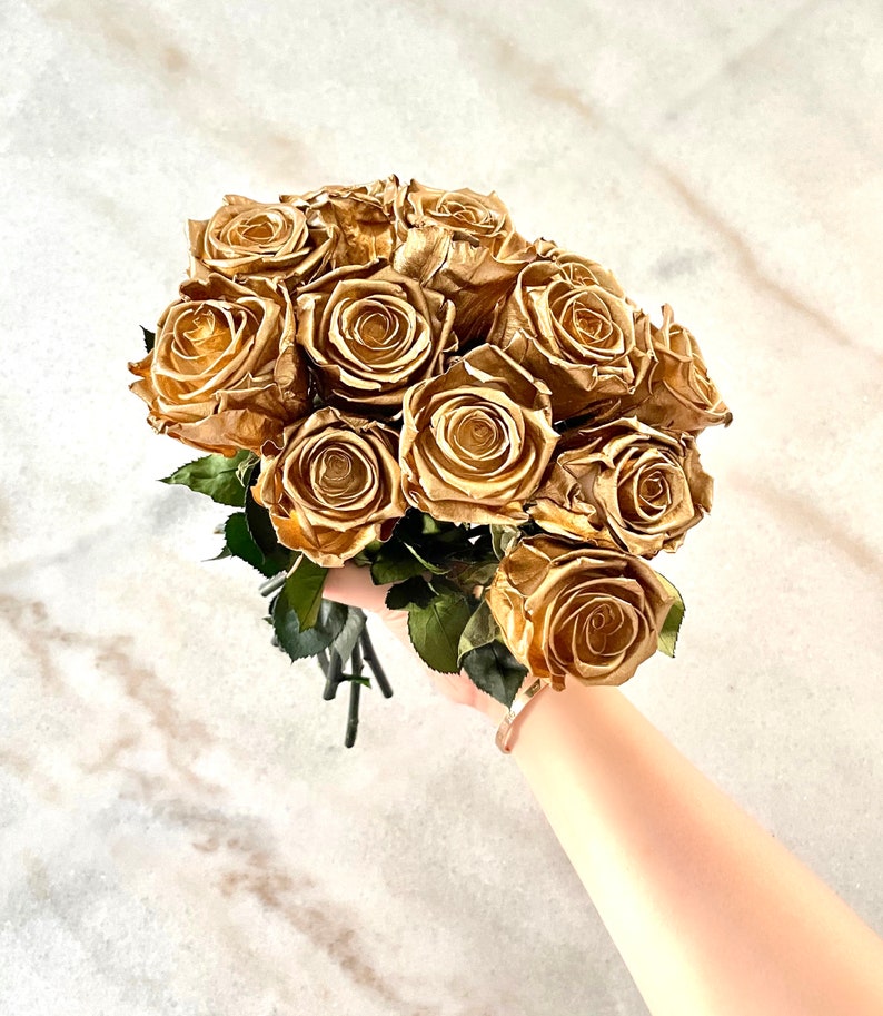 Gold Rose and Stem Real Preserved Single Roses & Bouquet One Year ...