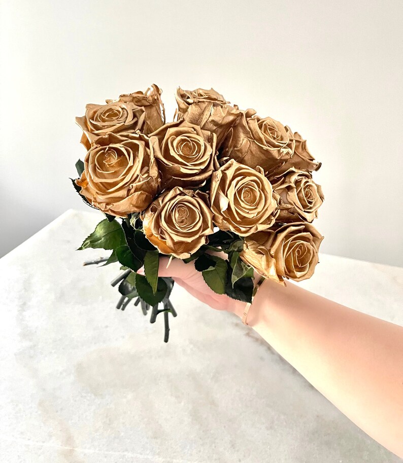 Gold Rose and Stem Real Preserved Single Roses & Bouquet One Year ...