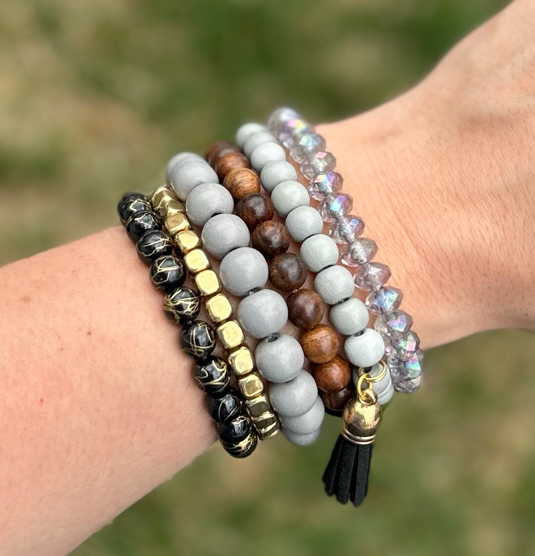 Neutral Beaded Bracelet Stack: Women's Elastic Jewelry Set - Etsy