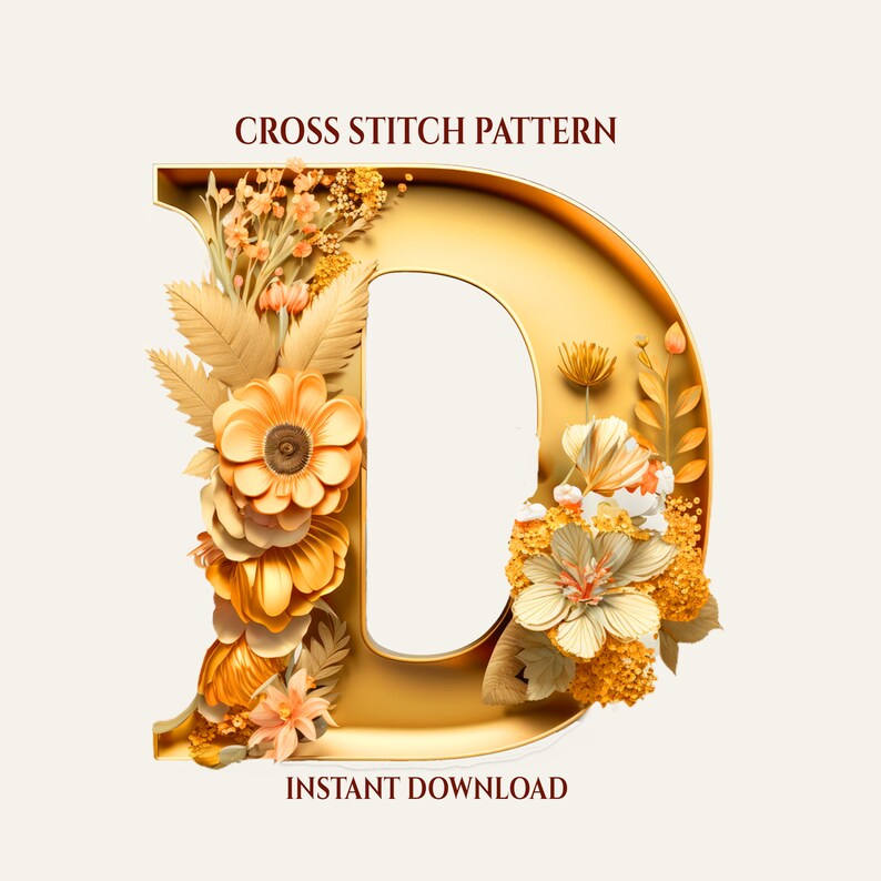 Letter D Monogram, Gold Color Cross Stitch Pattern. Modern Personalized ...