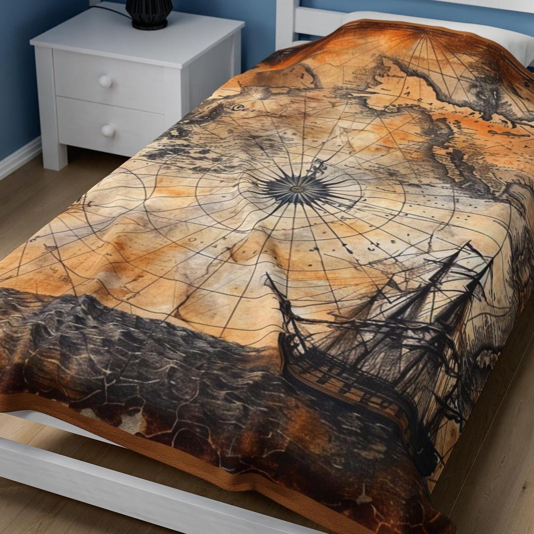 Nautical Map Plush Blanket, Ship Design Throw, Home Decor Accent, Cozy ...