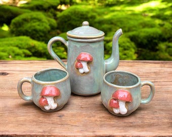 Hand-made Ceramic Mushroom Tea Pot Teapot Tea Cup Set Cups Stoneware ...