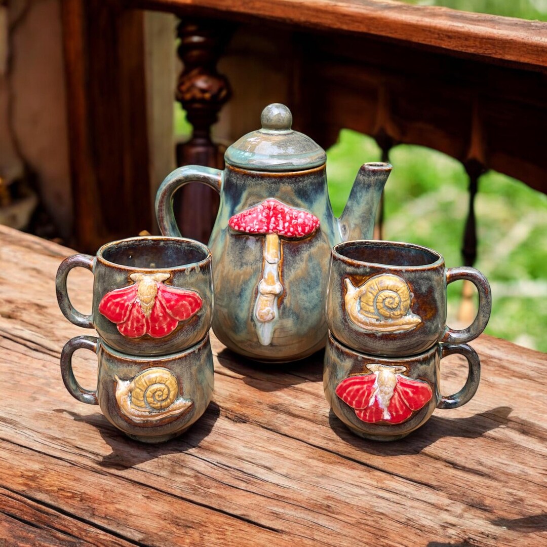 Hand-made Ceramic Mushroom Snail Moth Tea Pot Teapot - Tea Cup Set ...